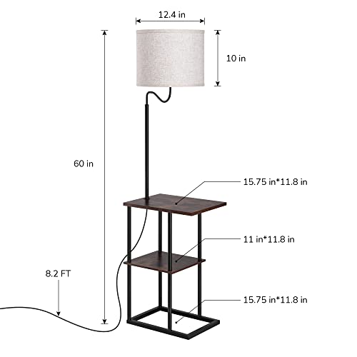 EDISHINE Floor Lamp with Table, Modern Side Table with Built-in Lamp, Reading Shelf Floor Lamp with Linen Shade, Narrow Nightstand with Shelves for Living Room, Bedroom, Office, Den