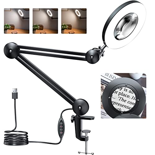 crazybrace 10X Magnifying Glass with Light 2-in-1 Desk Magnifier Lamp with Clamp 120 LEDs Lighted Magnifying Lamp Craft 3 Color Modes Stepless Dimmable Magnifier with Light for Close Works