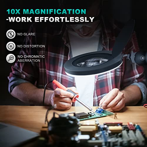 crazybrace 10X Magnifying Glass with Light 2-in-1 Desk Magnifier Lamp with Clamp 120 LEDs Lighted Magnifying Lamp Craft 3 Color Modes Stepless Dimmable Magnifier with Light for Close Works