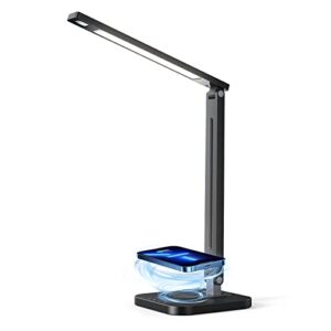 gteetoo led desk lamp with wireless fast charger, office desk light with usb charging port, 5 color temperatures & 5 brightness levels, night light mode, 1 hour timer, black