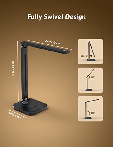 Gteetoo LED Desk Lamp with Wireless Fast Charger, Office Desk Light with USB Charging Port, 5 Color Temperatures & 5 Brightness Levels, Night Light Mode, 1 Hour Timer, Black