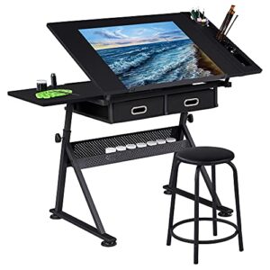 topeakmart drafting table height adjustable drawing draft desk tiltable tabletop art craft work station with extra retractable board table stool set for diamond painting sewing graphic designere