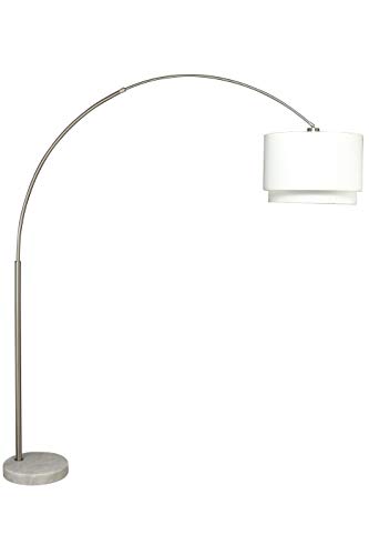 SH Lighting 6938 Brush Steel Arching Floor Lamp with Marble Base - Features Large Drum Style Shade - 81" Tall Fits in Living or Bedrooms (White-Double)