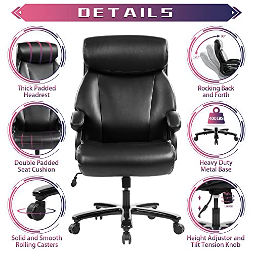 Big and Tall 400LBS Bonded Leather Office Chair - Adjustable Tilt Angle and Heavy Duty Metal Base High Back Large Thick Padded Ergonomic Executive Desk Computer Swivel Chair (Black-2)