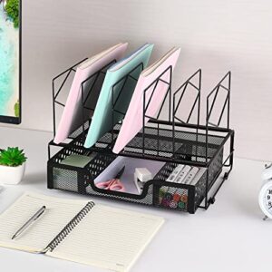 AUPSEN Desk Organizer and Accessories - Desktop Organizer with 5 Vertical File sorters and Drawer for Office Supplies, Paper, Device and Folder (Black)