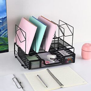 AUPSEN Desk Organizer and Accessories - Desktop Organizer with 5 Vertical File sorters and Drawer for Office Supplies, Paper, Device and Folder (Black)