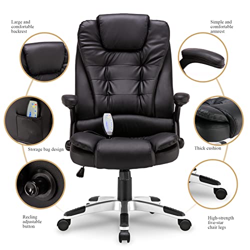 Paddie Ergonomic Executive Massage Office Chair, High-Back PU Leather Desk Chair with Heated 6 Point Vibrating, Swivel Rocking Chair with Padded Armrest and Adjustable Height (Black)