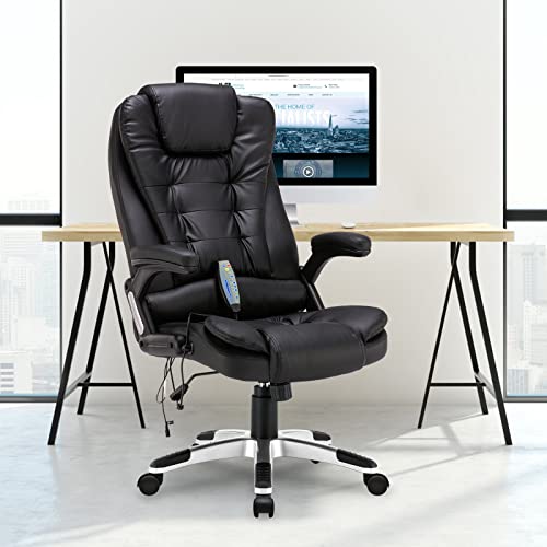 Paddie Ergonomic Executive Massage Office Chair, High-Back PU Leather Desk Chair with Heated 6 Point Vibrating, Swivel Rocking Chair with Padded Armrest and Adjustable Height (Black)