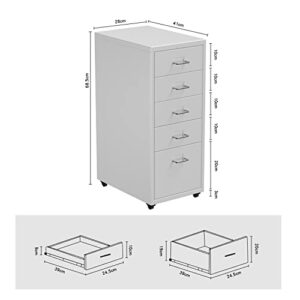 Howzone 5 Drawer Vertical File Cabinet,Home Metal Mobile File Cabinet, Office Organizer File Cabinet,Under Desk Vertical File Cabinet with Wheel,Assembly Required (White)