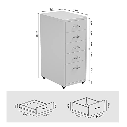 Howzone 5 Drawer Vertical File Cabinet,Home Metal Mobile File Cabinet, Office Organizer File Cabinet,Under Desk Vertical File Cabinet with Wheel,Assembly Required (White)