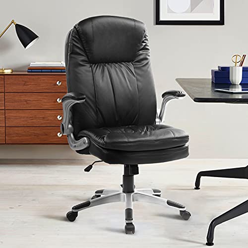 BOSMILLER Executive Office Chair Ergonomic Leather Desk Chair with Flip-up Arms Double Padded Seat Cushion and Adjustable Tilt Angle Lumbar Support Home Office Desk Chair for Home Office Work