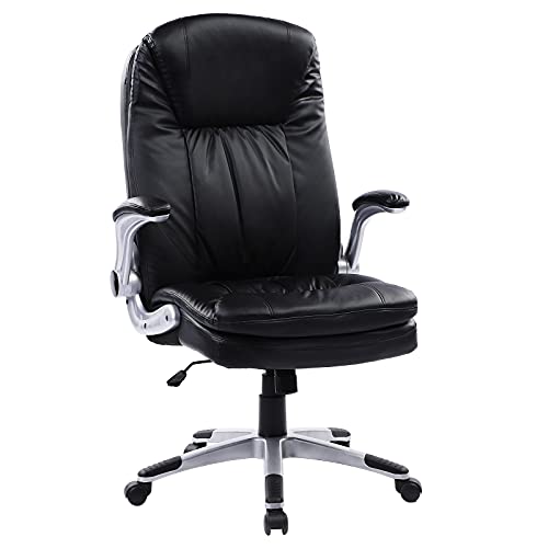 BOSMILLER Executive Office Chair Ergonomic Leather Desk Chair with Flip-up Arms Double Padded Seat Cushion and Adjustable Tilt Angle Lumbar Support Home Office Desk Chair for Home Office Work