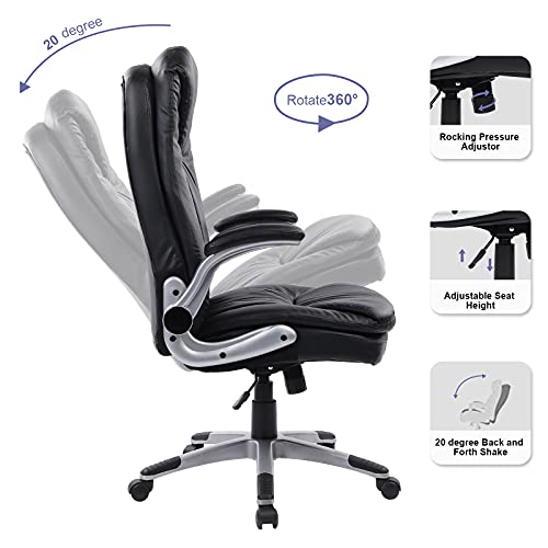 BOSMILLER Executive Office Chair Ergonomic Leather Desk Chair with Flip-up Arms Double Padded Seat Cushion and Adjustable Tilt Angle Lumbar Support Home Office Desk Chair for Home Office Work