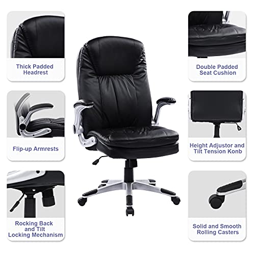 BOSMILLER Executive Office Chair Ergonomic Leather Desk Chair with Flip-up Arms Double Padded Seat Cushion and Adjustable Tilt Angle Lumbar Support Home Office Desk Chair for Home Office Work