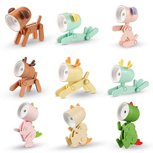 9 Pcs LED Student Cute Night Light, Mini Puppy Deer Dinosaur Reading Table Lamp with Mobile Phone Holder, Portable Foldable Small Desk Light Small Mini Desk Lamp for Kids Students (Bright Color)