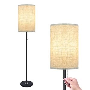 floor lamp, modern standing lamp with drum fabric shade, farmhouse pole lamp, corner tall stand up lamp for living room, bedroom, office, bright floor lamp with pull switch (sand black)