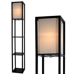 floor lamp with shelves – room light by lightaccents – corner storage standing bookshelf lamp – bedroom light with wooden storage shelves and white cotton linen shade (black)