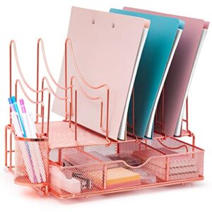 arcobis rose gold desk file organizer for women, desk organizers and accessories with pen holder & sliding drawer & vertical file folder sorters, cute desktop file holder for office supplies