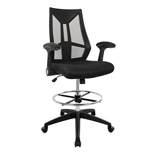 Drafting Chair, Ergonomic High Back Tall Office Chair, Standing Desk Chair Mesh Drafting Stool with Adjustable Foot Ring and Flip-Up Arms(Black)