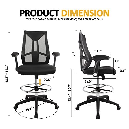 Drafting Chair, Ergonomic High Back Tall Office Chair, Standing Desk Chair Mesh Drafting Stool with Adjustable Foot Ring and Flip-Up Arms(Black)