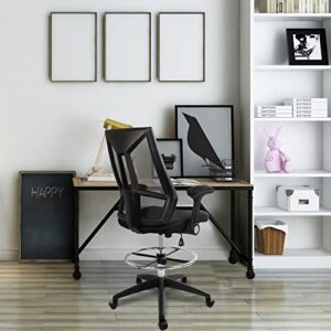 Drafting Chair, Ergonomic High Back Tall Office Chair, Standing Desk Chair Mesh Drafting Stool with Adjustable Foot Ring and Flip-Up Arms(Black)