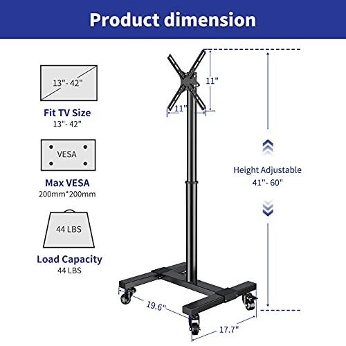 Mobile TV Cart with Wheels for 13-40 inch LED LCD Flat/Curved Screen TVs, Rolling/Floor TV Stand with Shelf Up to 44 lbs, Height Adjustable TV Trolley Max VESA 200x200mm - UL Certificated- TC001