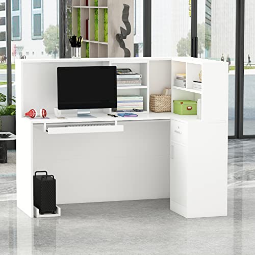 AGOTENI Reception Desk Reception Stations with Open Shelf & Drawers, L Shape Reception Table Wooden Computer Desk for Office Reception Room, White