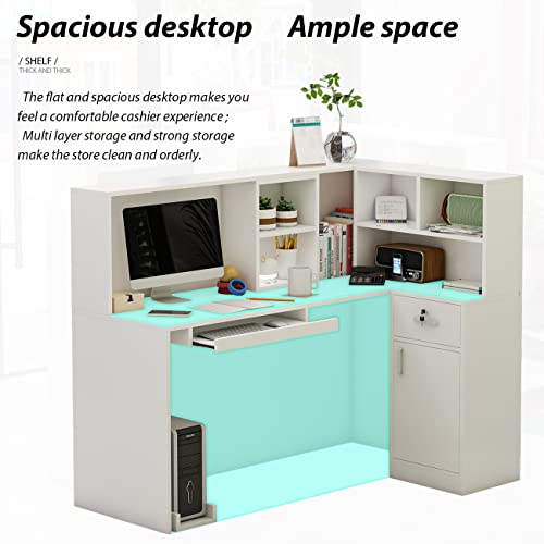 AGOTENI Reception Desk Reception Stations with Open Shelf & Drawers, L Shape Reception Table Wooden Computer Desk for Office Reception Room, White