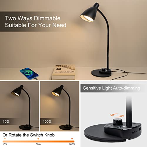 LiFMIRA Small Desk Lamp with USB Charging Port 3 Color Modes Light Induction Smart Auto-Dimming Reading Light CRI 90+ Flexible Gooseneck Desk Lamps for Home Office Dorm Study Room AC Adapter Included