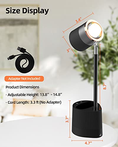 Flymuda LED Desk Lamp with Sunset Lamp, Pen Holder, Led Reading Lamp with 3 Color Modes, 360° Rotation, Battery Operated, Touch Control, Sunset Night Light & Desk Lamp 2 in 1 for Home Office - Black