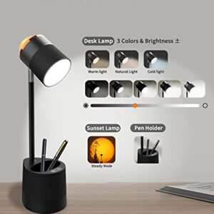 Flymuda LED Desk Lamp with Sunset Lamp, Pen Holder, Led Reading Lamp with 3 Color Modes, 360° Rotation, Battery Operated, Touch Control, Sunset Night Light & Desk Lamp 2 in 1 for Home Office - Black