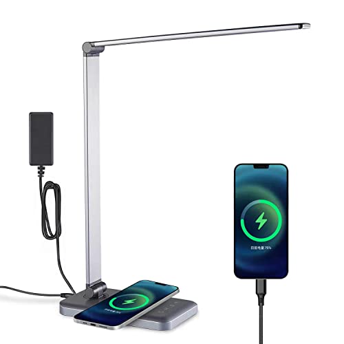 LED Desk Lamps,Dimmable Table Lamps with USB Charging Port,5 Color Temperature Modes,5 Brightness Levels,Eye-Caring Office Lamp with Touch Control for Home Bedroom (Silver)