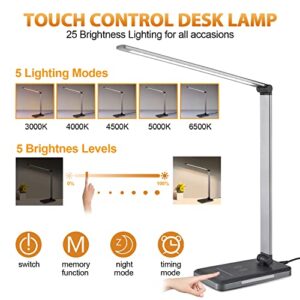 LED Desk Lamps,Dimmable Table Lamps with USB Charging Port,5 Color Temperature Modes,5 Brightness Levels,Eye-Caring Office Lamp with Touch Control for Home Bedroom (Silver)