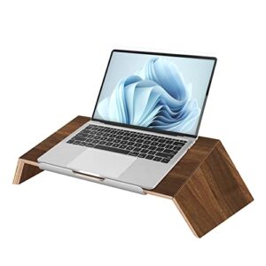 laptop stand office computer riser – wood computer riser, ergonomic laptops elevator for desk, wooden holder compatible with macbook air pro, dell xps, hp more 10-15.6” notebook laptops, walnut