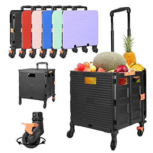 SELORSS Foldable Utility Cart Rolling Crate Handcart 110lbs Large Capacity Shopping Cart with 360°Rotate Noiseless Wheels & Telescoping Handle for Transports Groceries Office School Use(Black