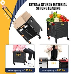 SELORSS Foldable Utility Cart Rolling Crate Handcart 110lbs Large Capacity Shopping Cart with 360°Rotate Noiseless Wheels & Telescoping Handle for Transports Groceries Office School Use(Black