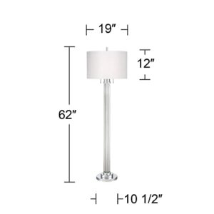 Possini Euro Design Cadence Modern Glam Style Floor Lamp Art Deco 62" Tall Brushed Nickel Crystal Glass Standing Column Linen Fabric Drum Shade for Living Room Reading House Bedroom