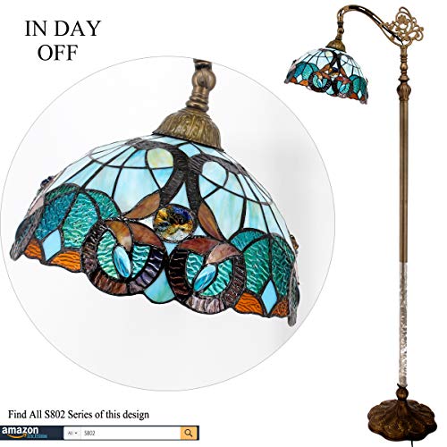 WERFACTORY Tiffany Floor Lamp Blue Floral Flower Stained Glass Arched Lamp 12X18X64 Inches Gooseneck Adjustable Corner Standing Reading Light Decor Bedroom Living Room S802 Series