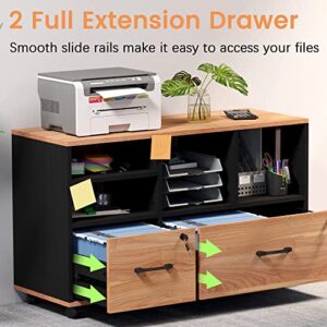 semoic 2-Drawer Wood File Cabinet, Mobile Lateral Filing Cabinet with Adjustable Shelf&Lockable Wheels, Fits Files //F4/A4, Printer Stand with Open Shelves Office