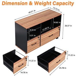 semoic 2-Drawer Wood File Cabinet, Mobile Lateral Filing Cabinet with Adjustable Shelf&Lockable Wheels, Fits Files //F4/A4, Printer Stand with Open Shelves Office