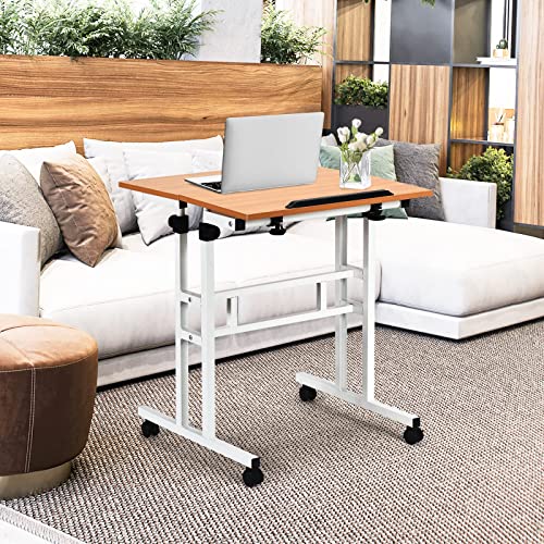 COSTWAY Mobile Standing Desk, Height Adjustable Rolling Laptop Cart w/Tilting Desktop for Standing or Sitting, Lockable Casters, Home Office Computer Workstation for Small Spaces (Walnut)