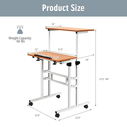 COSTWAY Mobile Standing Desk, Height Adjustable Rolling Laptop Cart w/Tilting Desktop for Standing or Sitting, Lockable Casters, Home Office Computer Workstation for Small Spaces (Walnut)