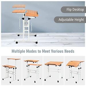 COSTWAY Mobile Standing Desk, Height Adjustable Rolling Laptop Cart w/Tilting Desktop for Standing or Sitting, Lockable Casters, Home Office Computer Workstation for Small Spaces (Walnut)