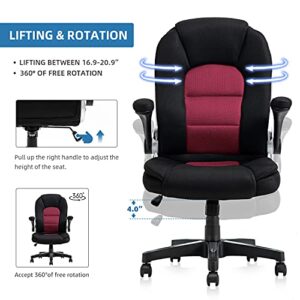 SEATZONE Soft Padded Mid-Back Office Computer Desk Chair, Upholstery Mesh Chair with Flip-up Arms and Wheels, Red and Black