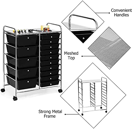 Squareful 15-Drawer Storage Cart, Mobile Rolling Utility Cart w/ Wheels, Multipurpose Organizer Cart for Tools, Scrapbook, Paper, Ideal for Home Office School (Black)