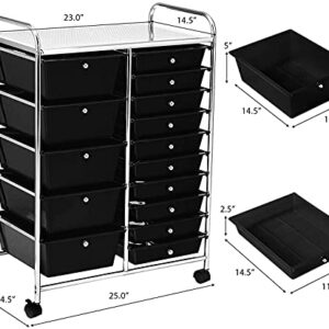 Squareful 15-Drawer Storage Cart, Mobile Rolling Utility Cart w/ Wheels, Multipurpose Organizer Cart for Tools, Scrapbook, Paper, Ideal for Home Office School (Black)