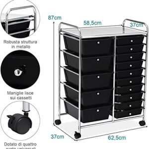 Squareful 15-Drawer Storage Cart, Mobile Rolling Utility Cart w/ Wheels, Multipurpose Organizer Cart for Tools, Scrapbook, Paper, Ideal for Home Office School (Black)