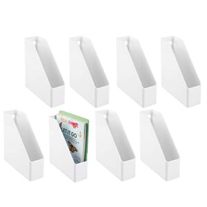 mdesign plastic slim vertical file folder bin storage organizer with handle – hold notebooks, binders, envelopes, magazines for home office, work desktops, ligne collection, 8 pack – white