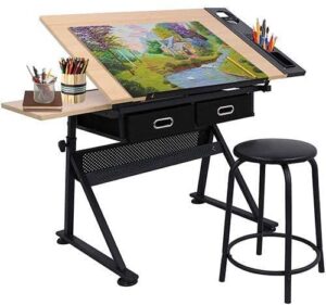 saturnpower drafting table height angle adjustable drawing table tiltable tabletop art craft work station w/stool and 2 storage drawer student desk for painting, writing, and art craft supplies