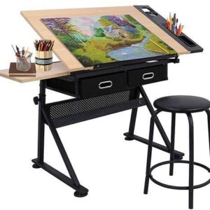 Saturnpower Drafting Table Height Angle Adjustable Drawing Table Tiltable Tabletop Art Craft Work Station w/Stool and 2 Storage Drawer Student Desk for Painting, Writing, and Art Craft Supplies